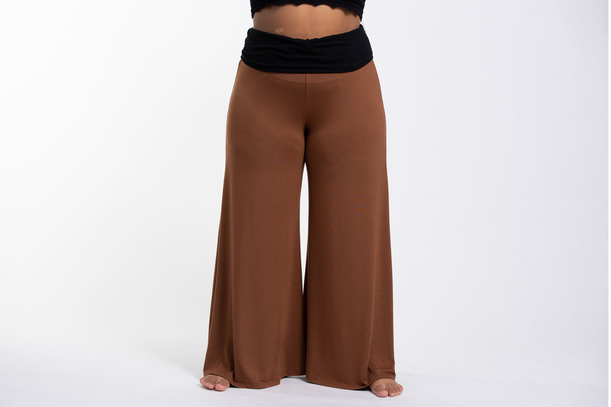 Plus Size Wide Leg Palazzo Harem Pants Cotton Spandex In Solid Brown