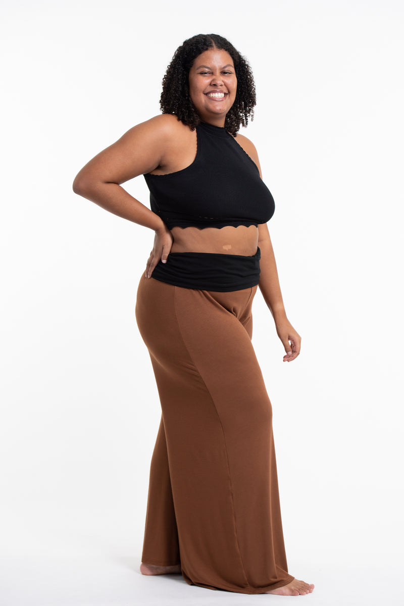 Plus Size Wide Leg Palazzo Harem Pants Cotton Spandex In Solid Brown