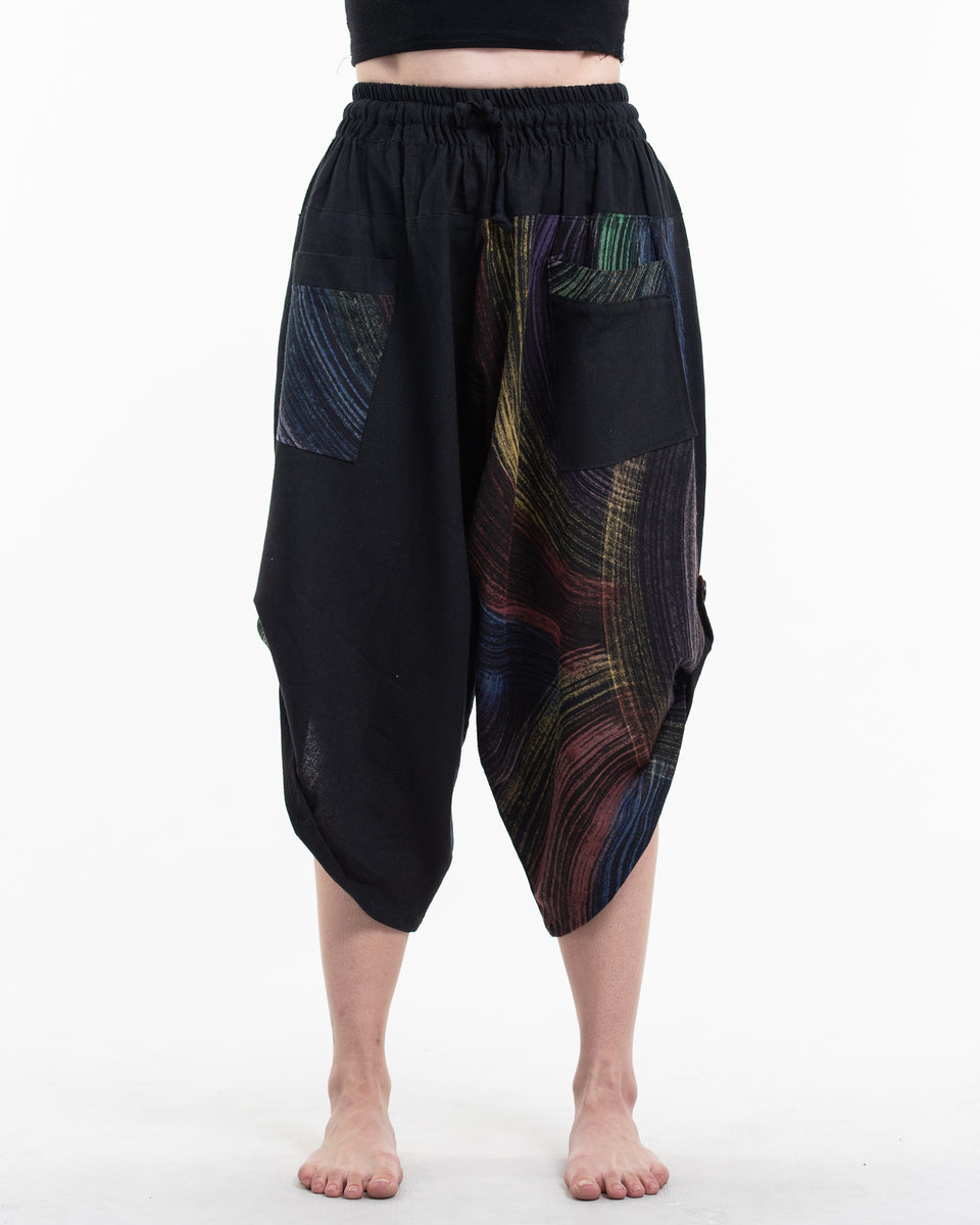 Two Tone Rainbow Prints Women's Three Quarter Pants in Black – Harem Pants