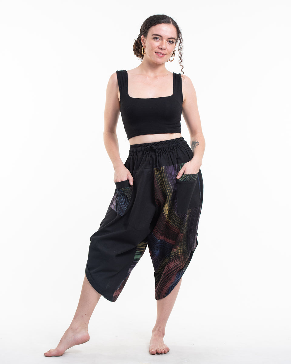 Two Tone Rainbow Prints Women's Three Quarter Pants in Black – Harem Pants