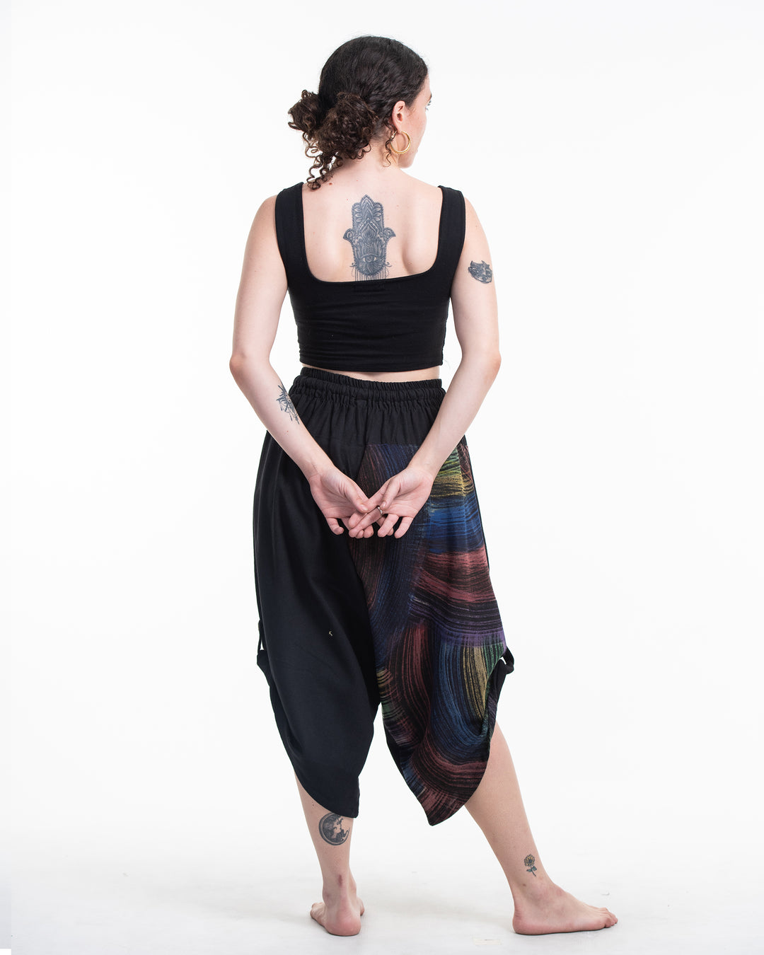 Two Tone Rainbow Prints Women's Three Quarter Pants in Black – Harem Pants