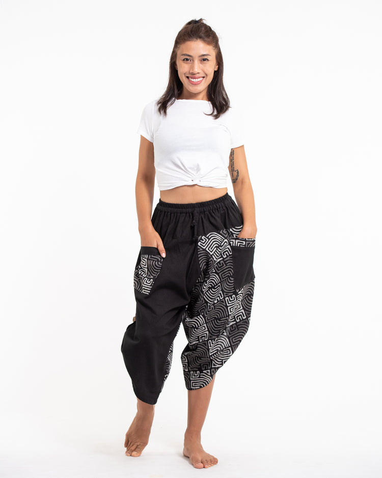 Two Tone Maze Print Women's Three Quarter Pants in Black – Harem Pants