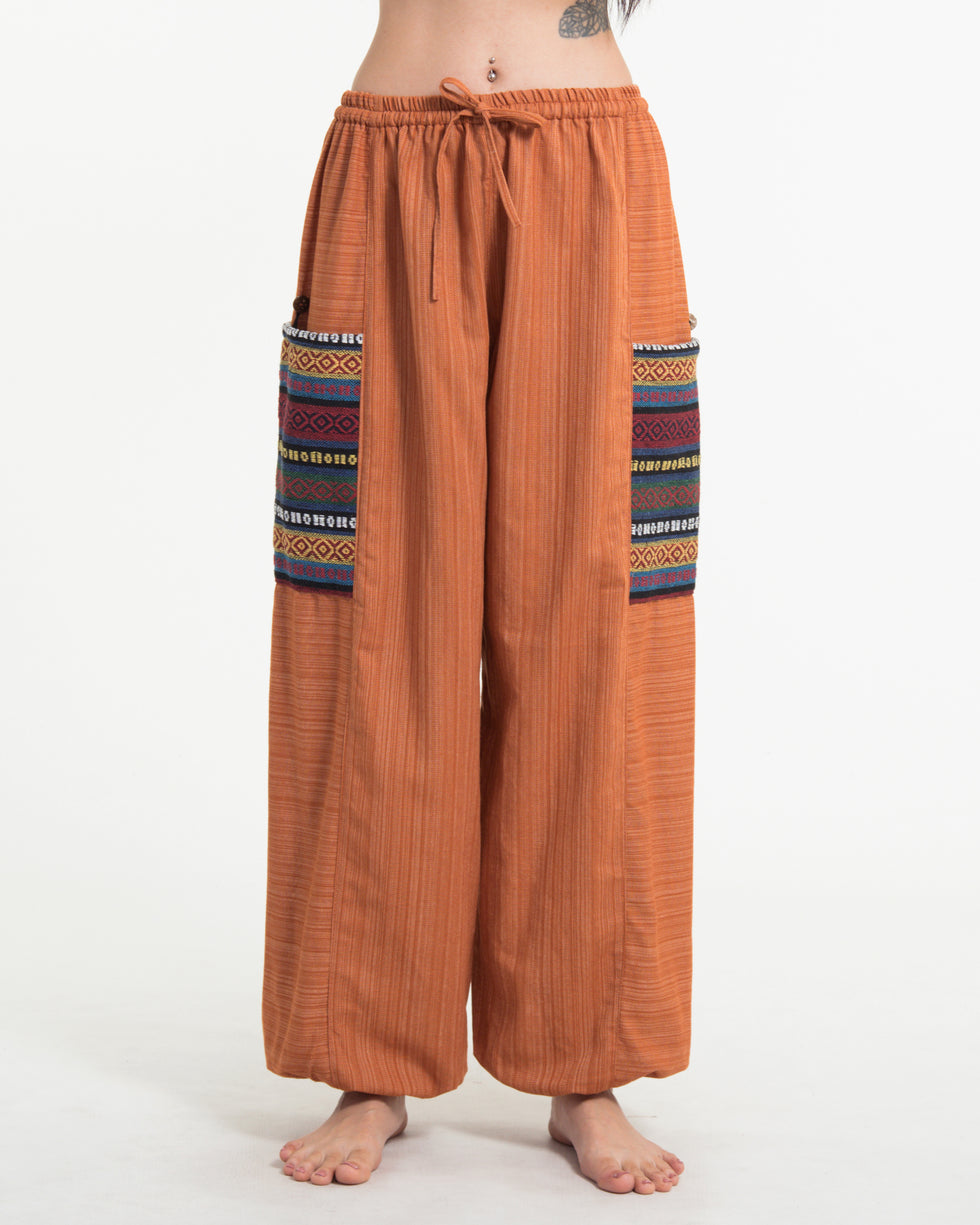 Women's Drawstring Pinstripes Cotton Pants with Aztec Pocket in Orange ...