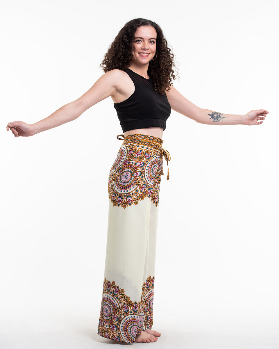 Feather Mandalas Wrap Palazzo Style Harem Pants in Cream