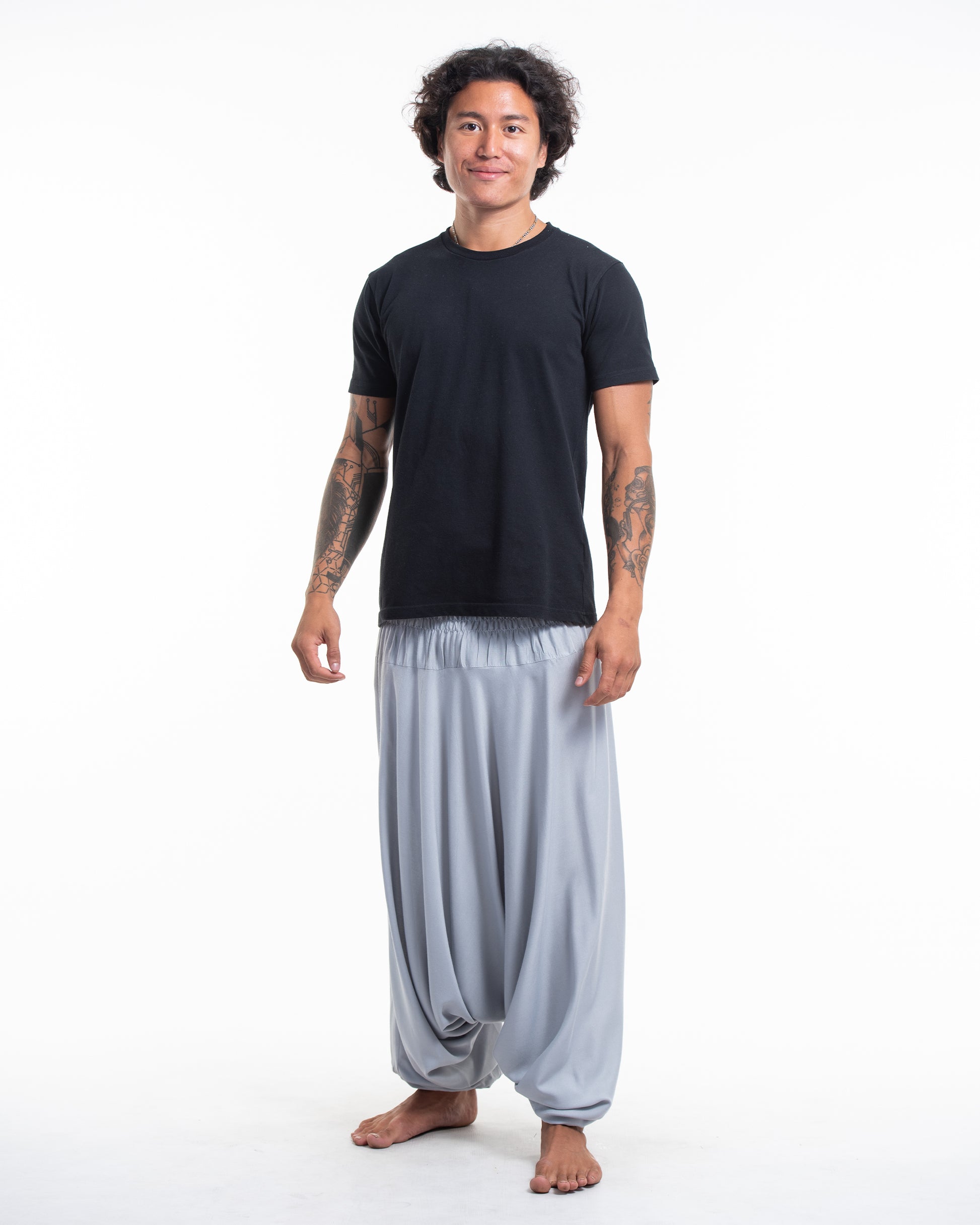 Solid Color Drop Crotch Men's Harem Pants in Light Gray