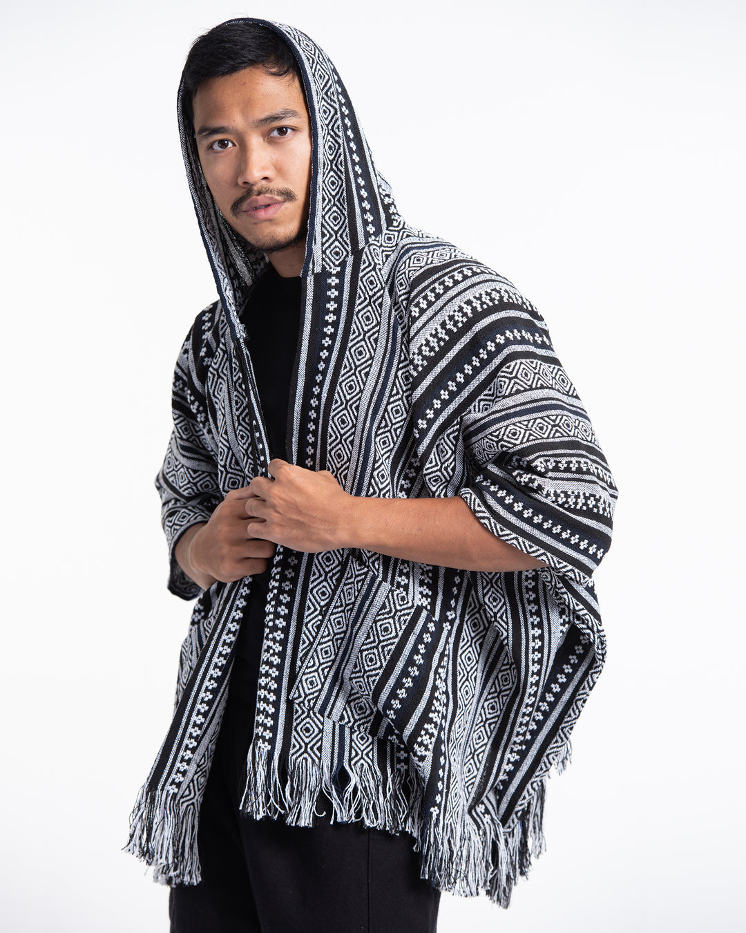 Hill Tribe Cotton Hooded Poncho Jacket in Black White – Harem Pants