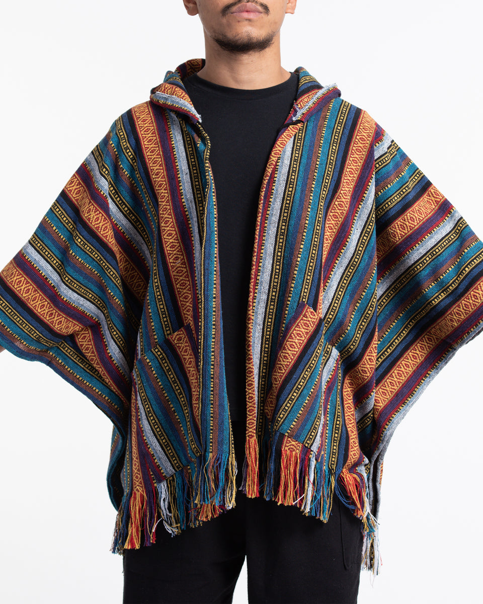 Hill Tribe Cotton Hooded Poncho Jacket in Blue Orange – Harem Pants