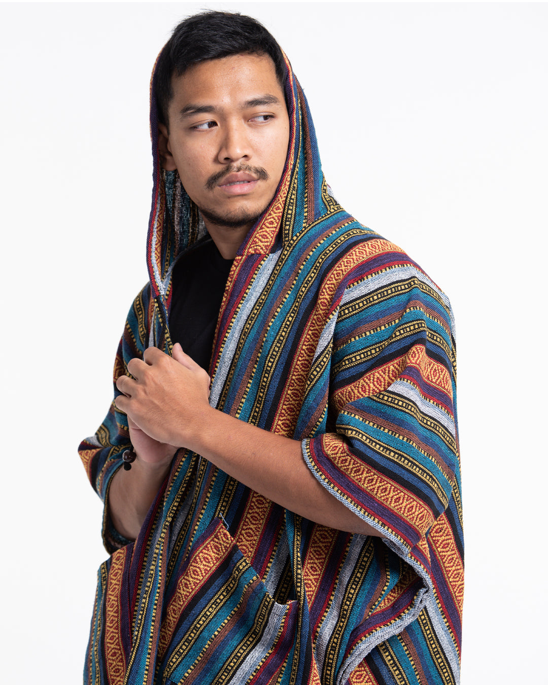 Hill Tribe Cotton Hooded Poncho Jacket in Blue Orange – Harem Pants