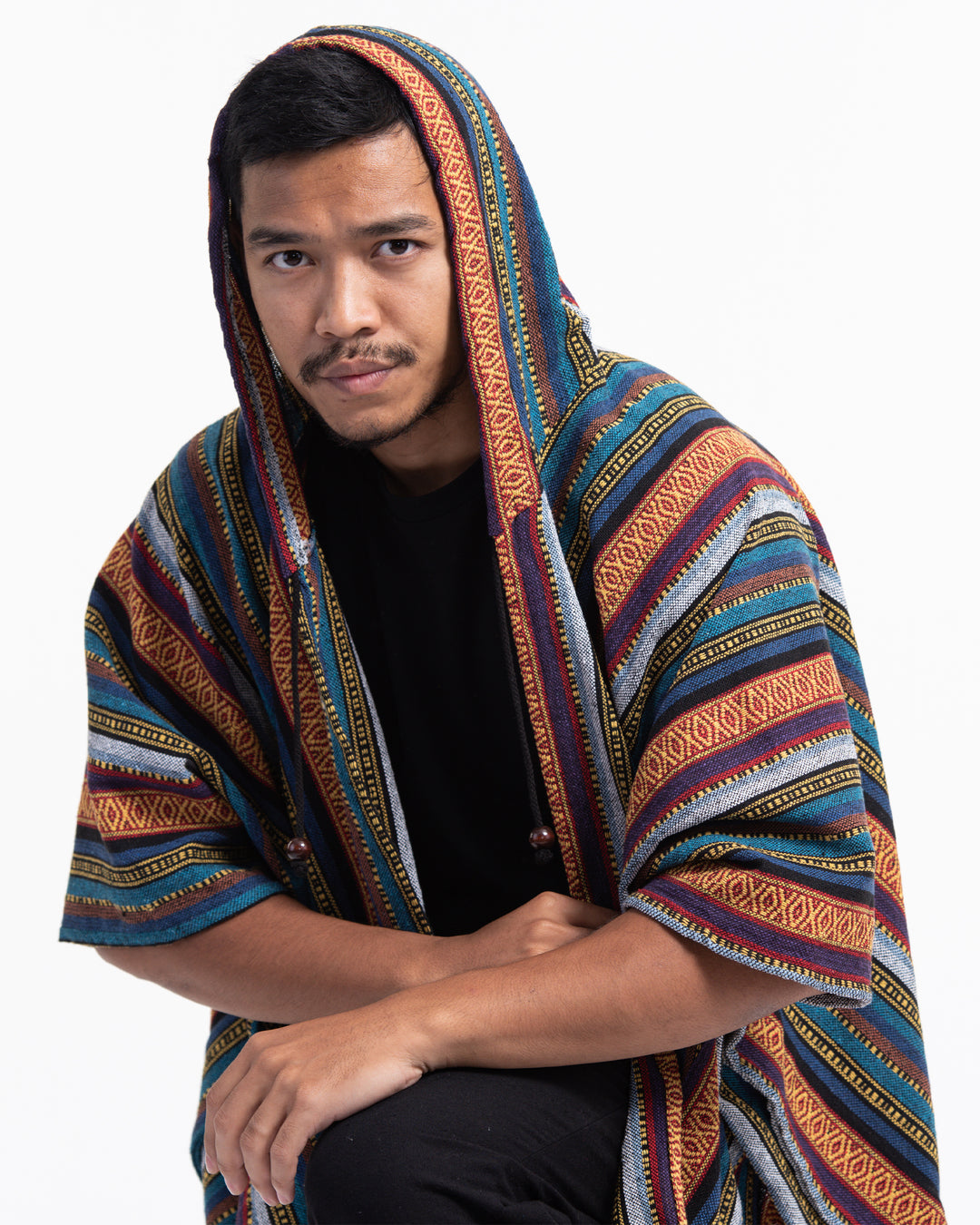 Hill Tribe Cotton Hooded Poncho Jacket in Blue Orange – Harem Pants