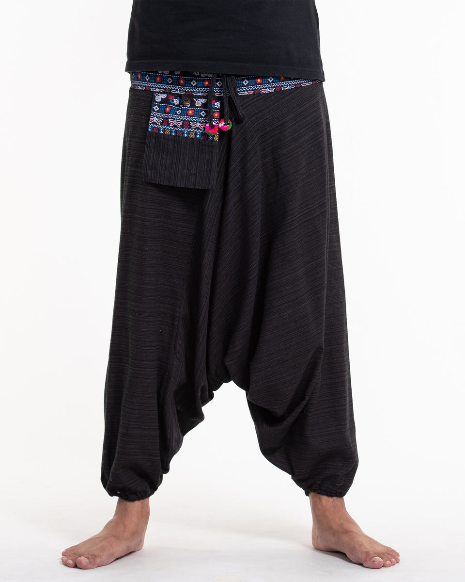 Pinstripe Cotton Low Cut Men's Harem Pants with Elephant Trim in Black