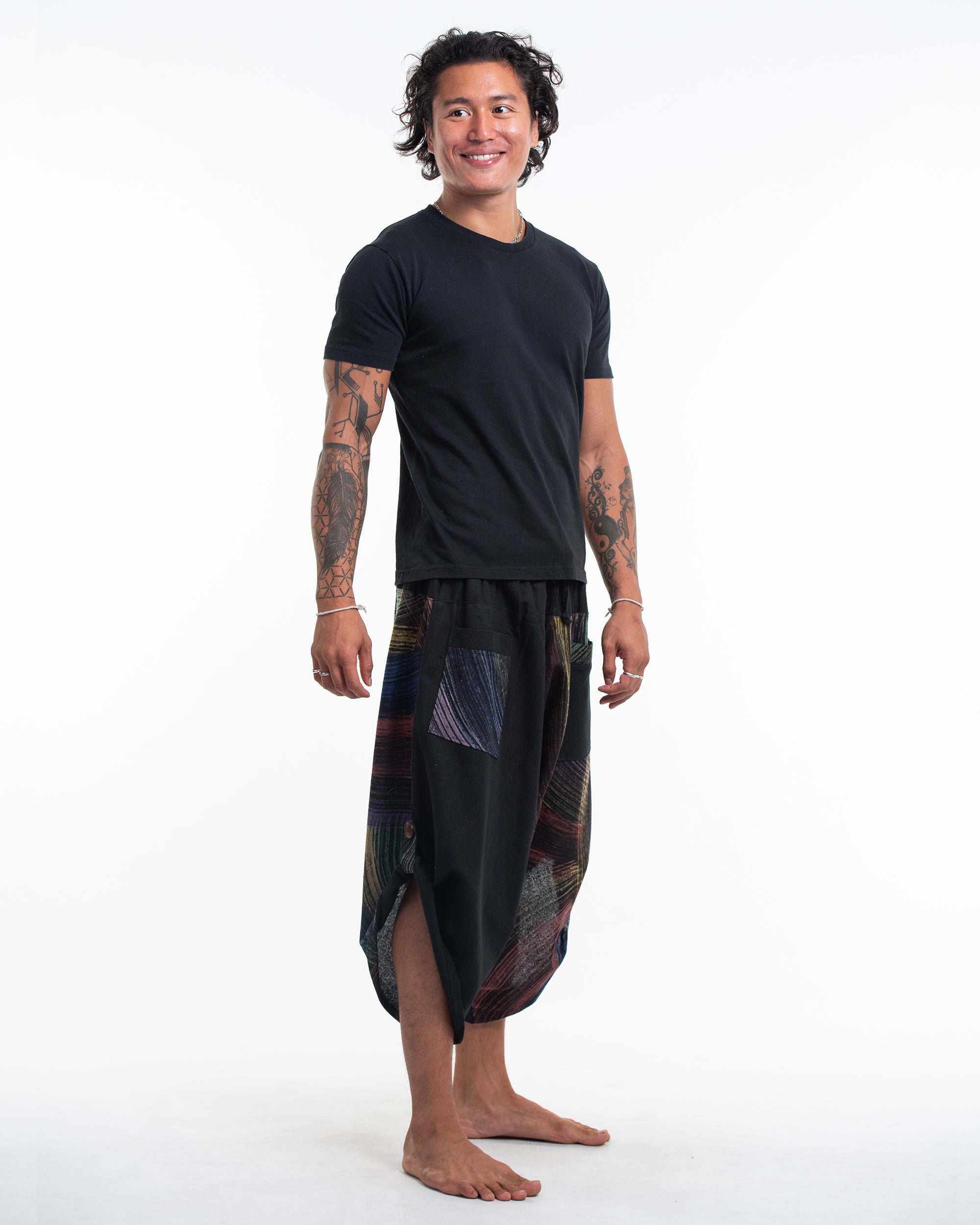 Two Tone Rainbow Prints Men's Three Quarter Pants in Black – Harem Pants