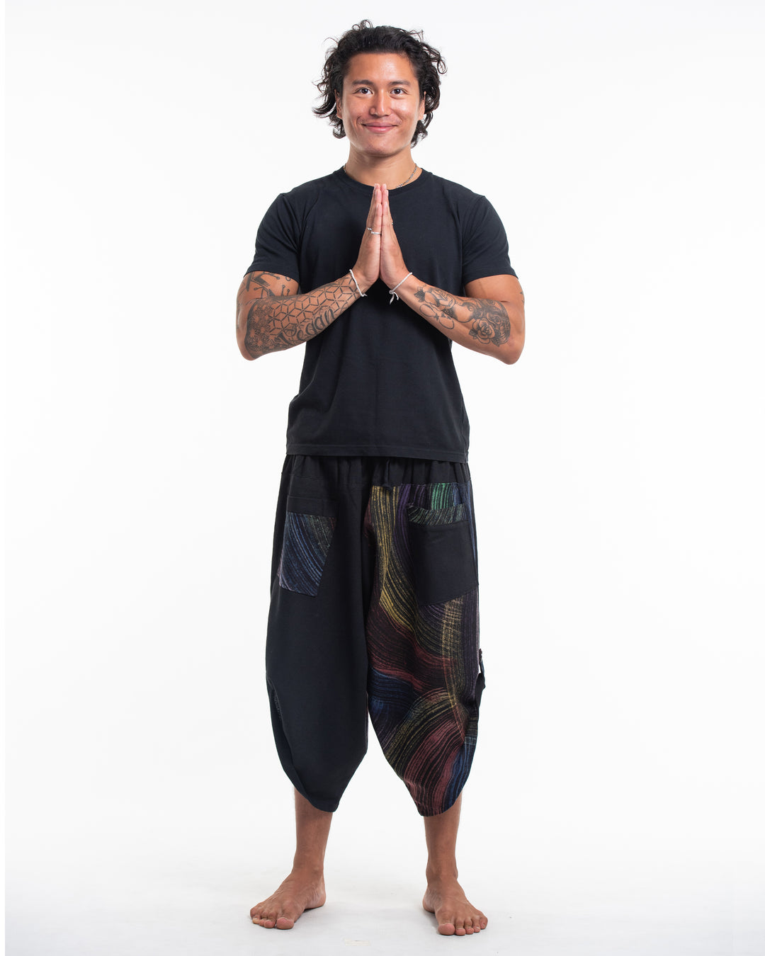 Two Tone Rainbow Prints Men's Three Quarter Pants in Black – Harem Pants