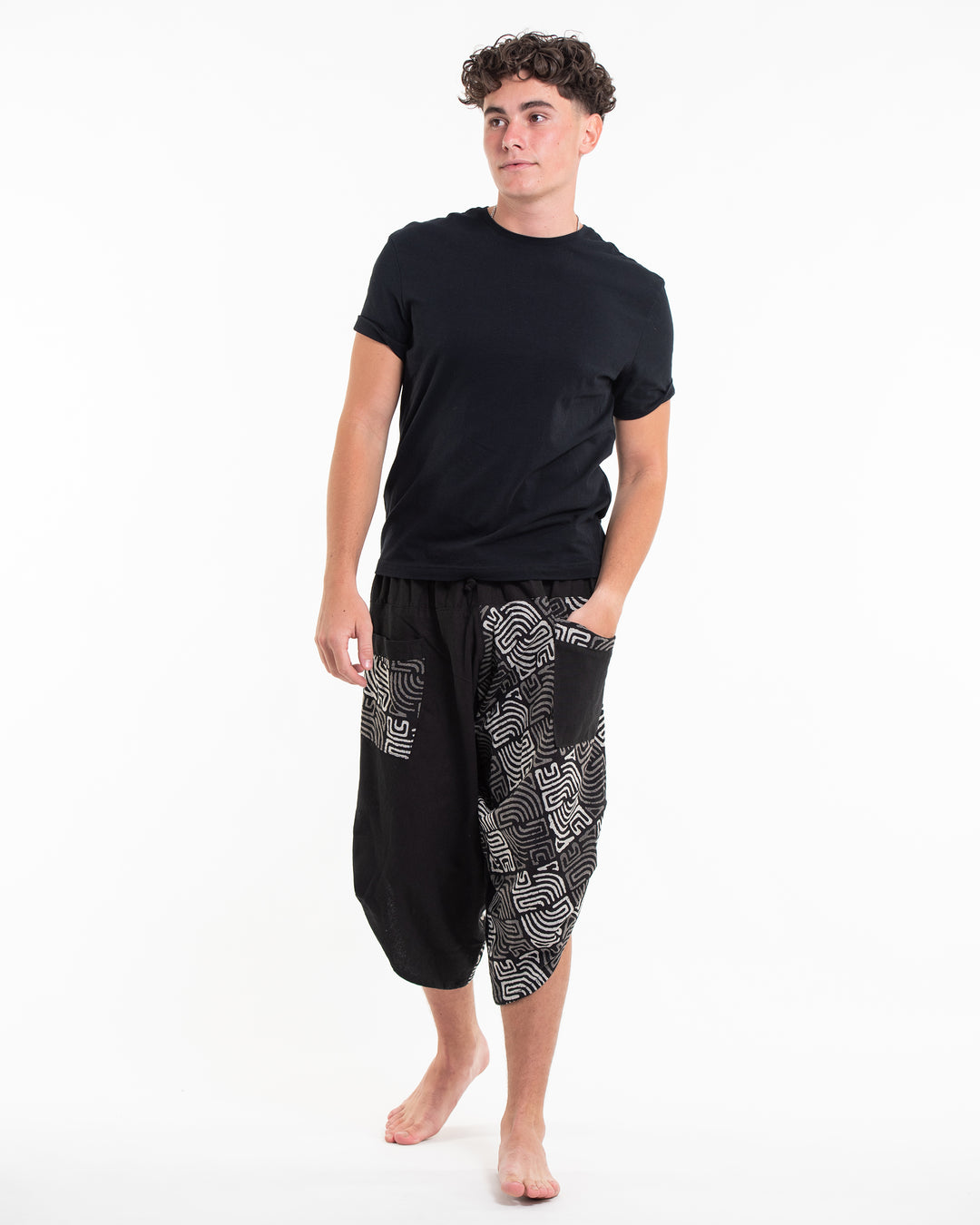 Two Tone Maze Print Men's Three Quarter Pants in Black – Harem Pants