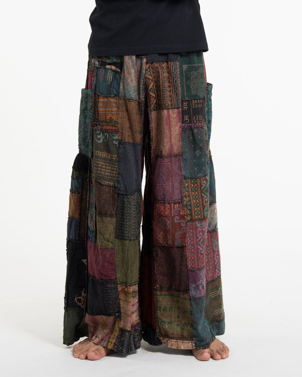 Men's Patchwork Stone Washed Wide Leg Cotton Pants in Dusk – Harem Pants