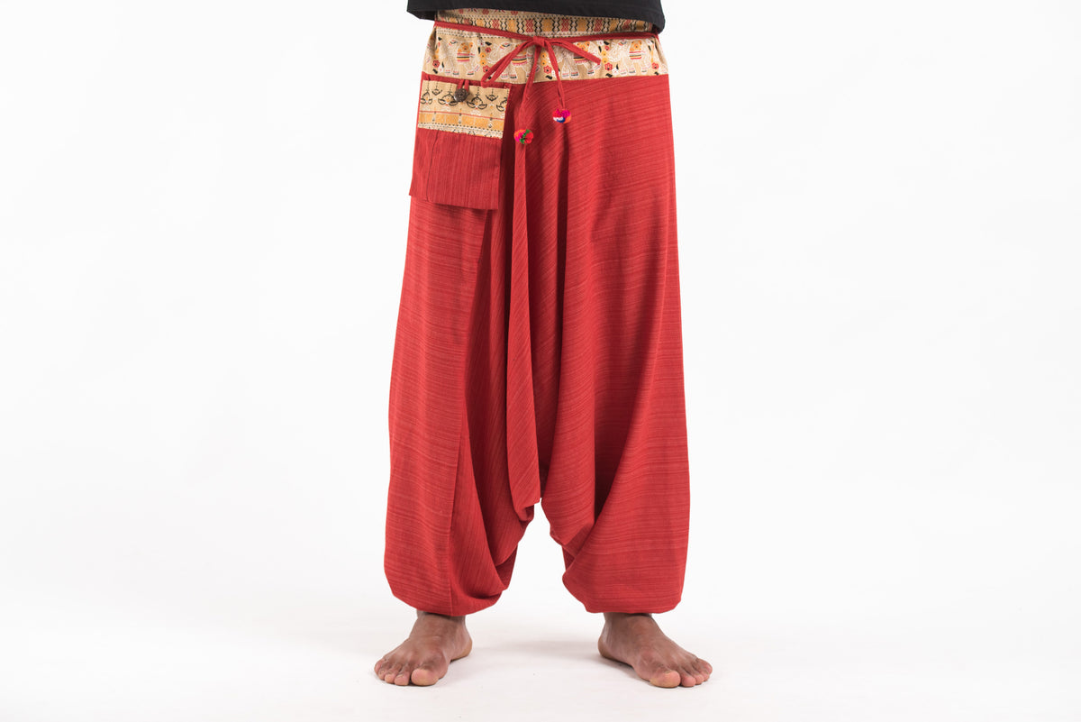 Pinstripe Cotton Low Cut Men's Harem Pants with Elephant Trim in Red