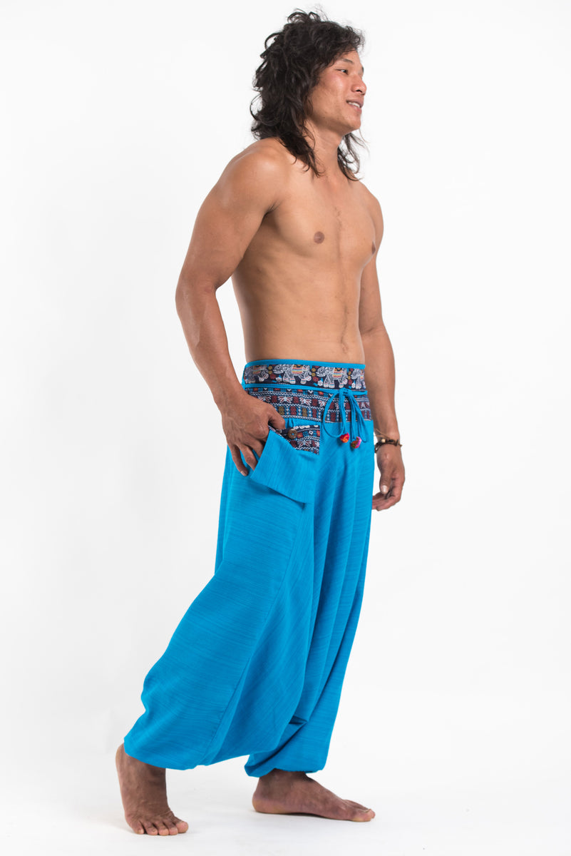 Pinstripe Cotton Low Cut Men's Harem Pants with Elephant Trim in Blue