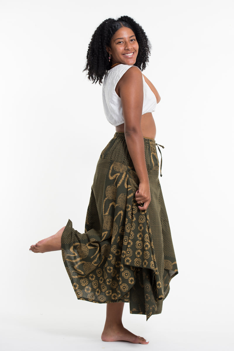 Daisy Dot Prints Cotton Handkerchief Midi Skirt in Olive – Harem Pants