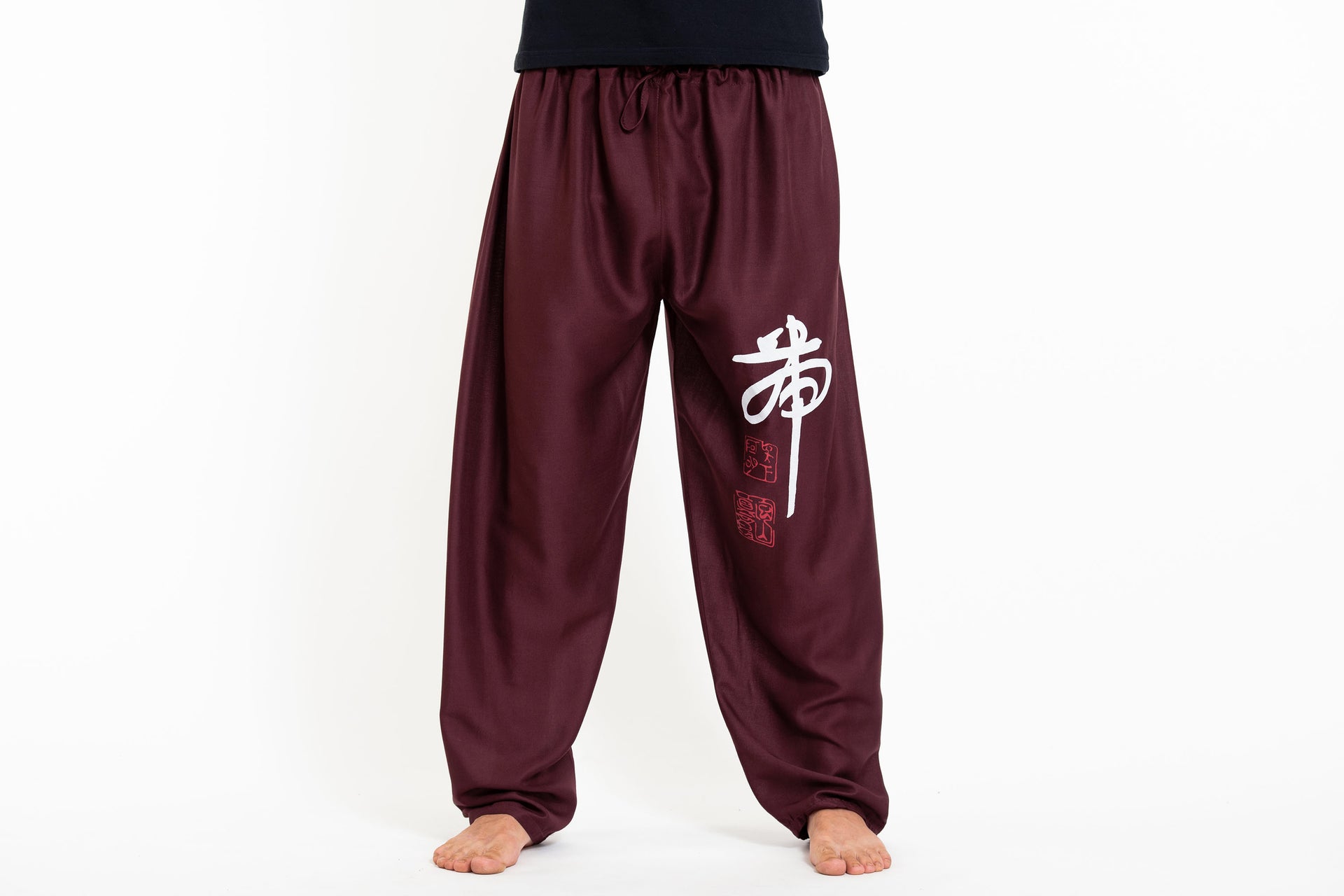 Chinese Writing Men's Thai Yoga Pants in Burgundy – Harem Pants