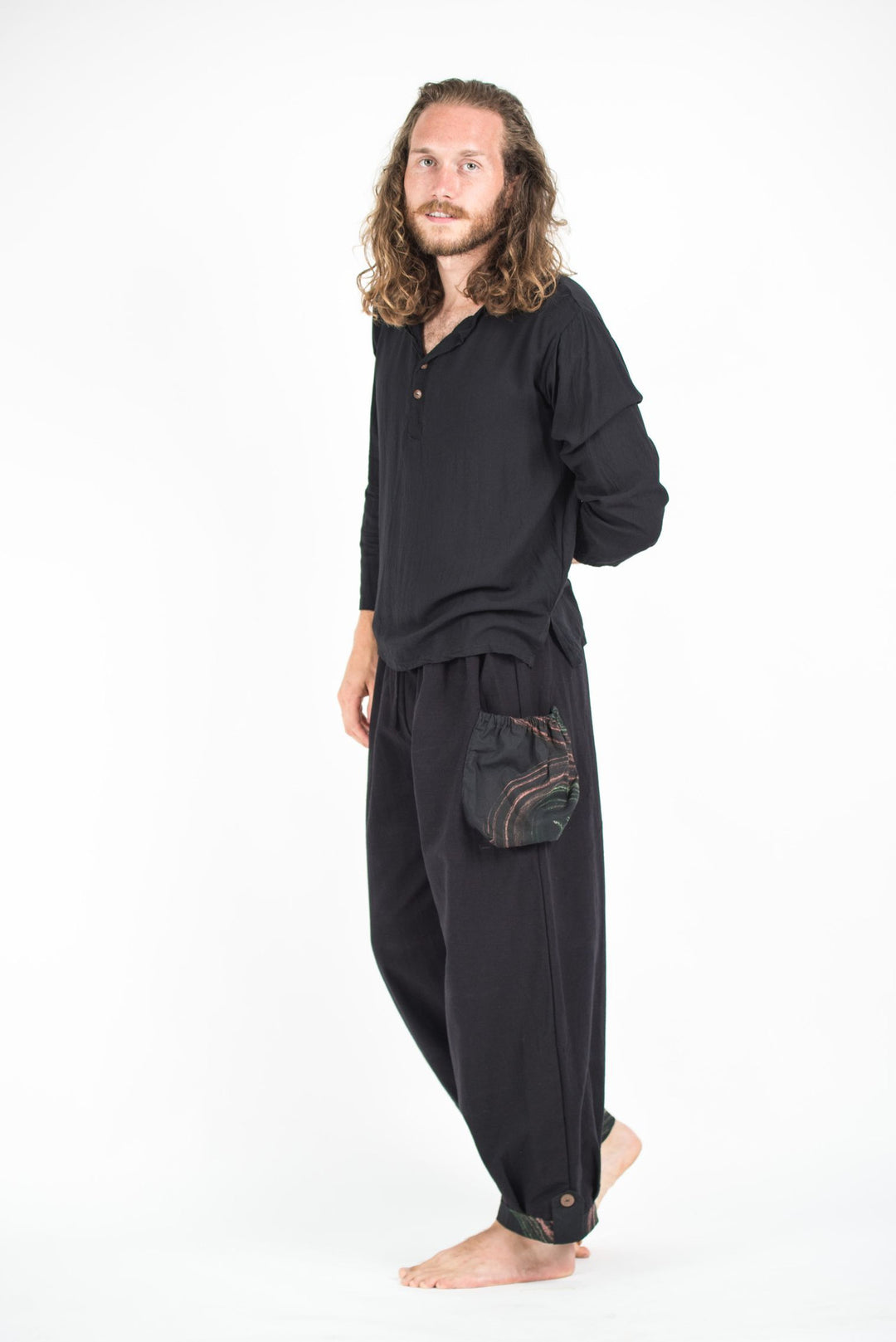 Thai Cotton Men Drawstring Pants With Hill Tribe Trim Black Harem Pants