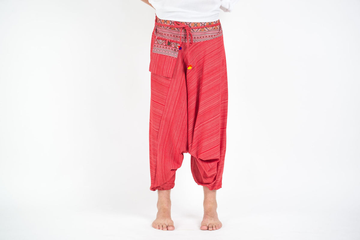 Pinstripe Cotton Low Cut Men's Harem Pants With Hill Tribe Trim Red