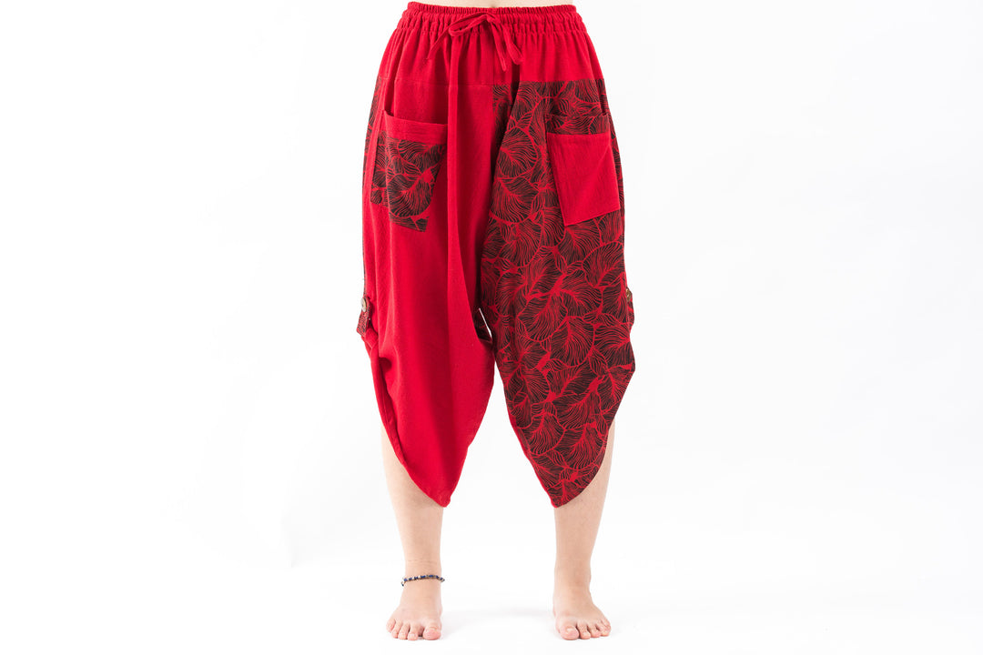 Two Tone Leaves Prints Women's Three Quarter Pants in Red – Harem Pants