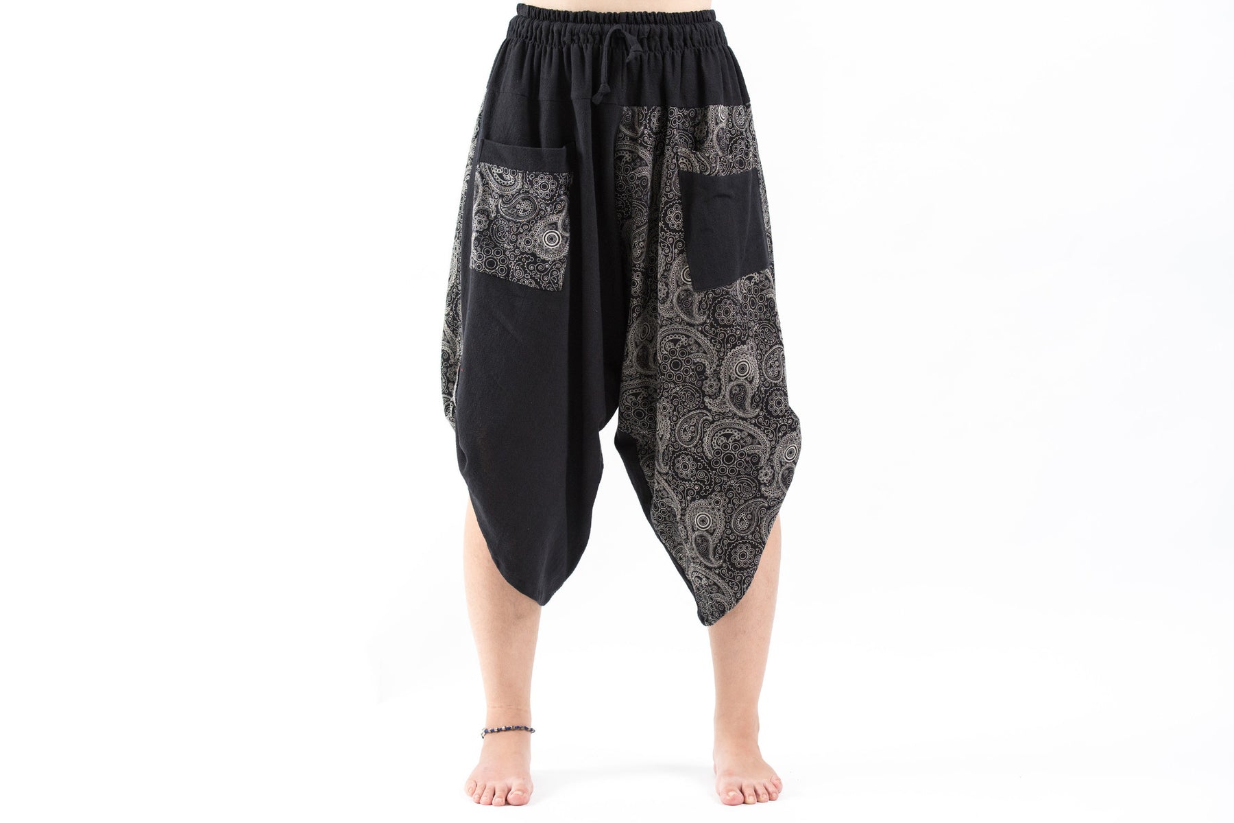 Two Tone Paisley Prints Women's Three Quarter Pants in Black – Harem Pants