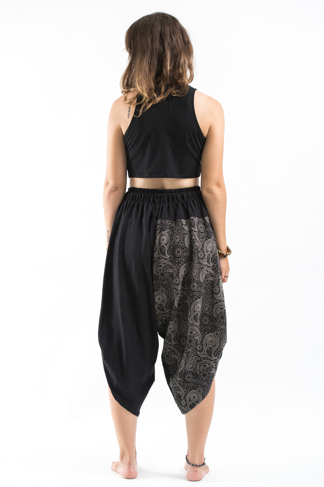Two Tone Paisley Prints Women's Three Quarter Pants in Black – Harem Pants