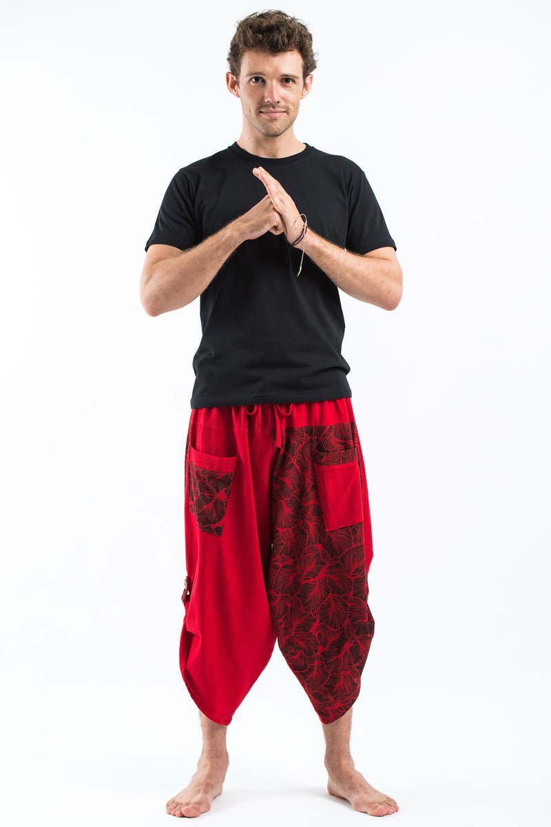 Two Tone Leaves Prints Men's Three Quarter Pants in Red – Harem Pants