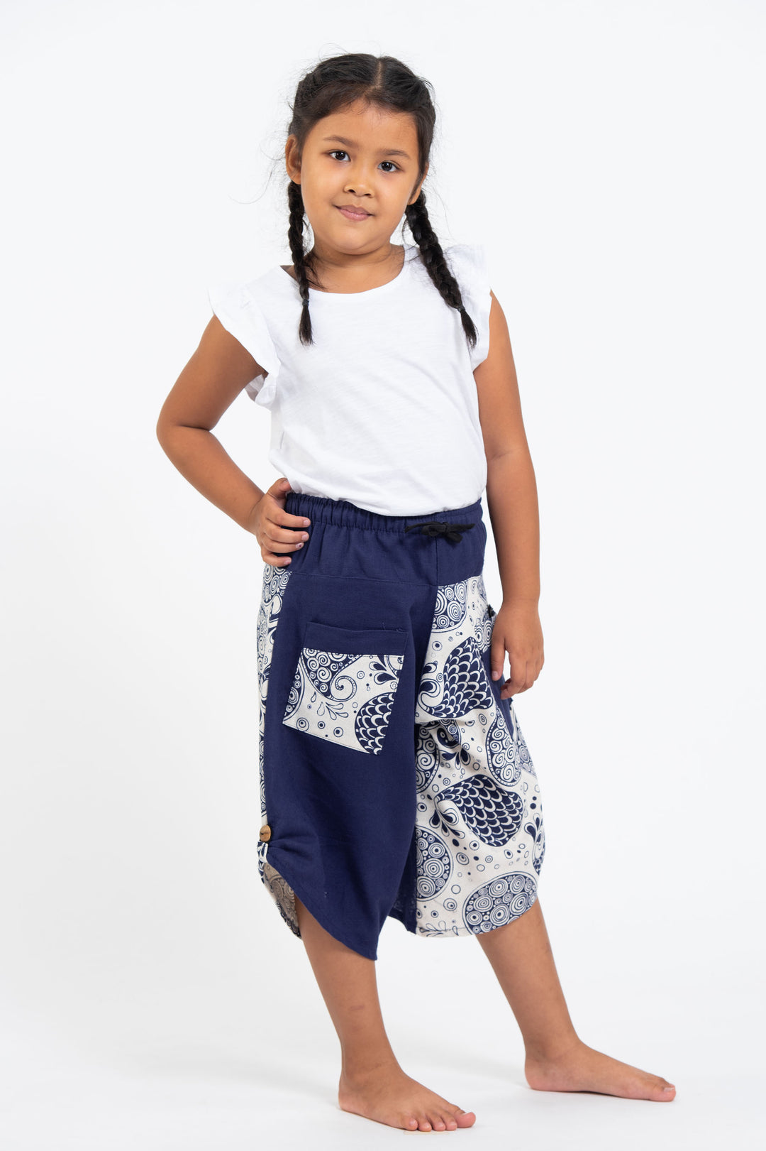 Two Tone Paisley Prints Kids Three Quarter Pants in Blue – Harem Pants