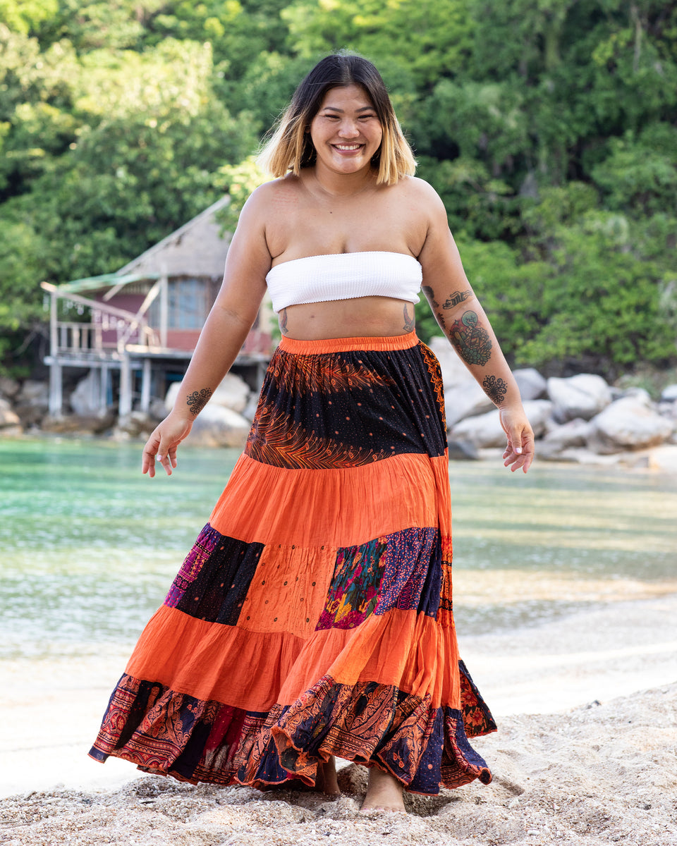Plus Size Patchwork Long Skirt in Bright Orange – Harem Pants