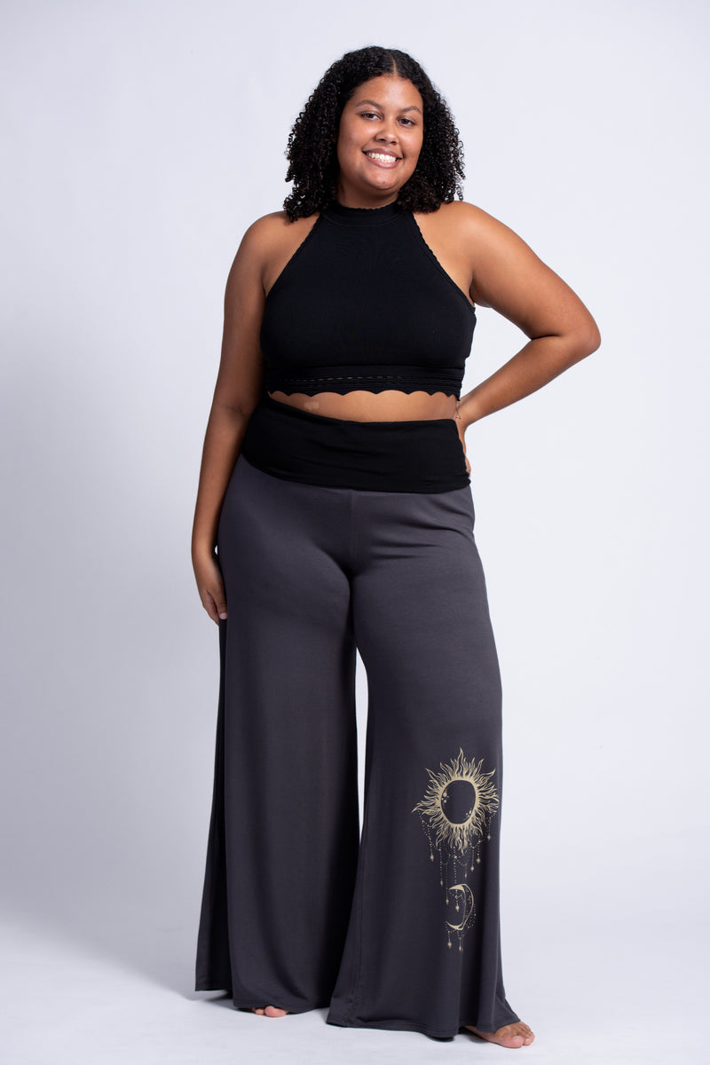 Plus Size Sun Moon Print Wide Leg Palazzo Harem Pants Cotton Spandex i