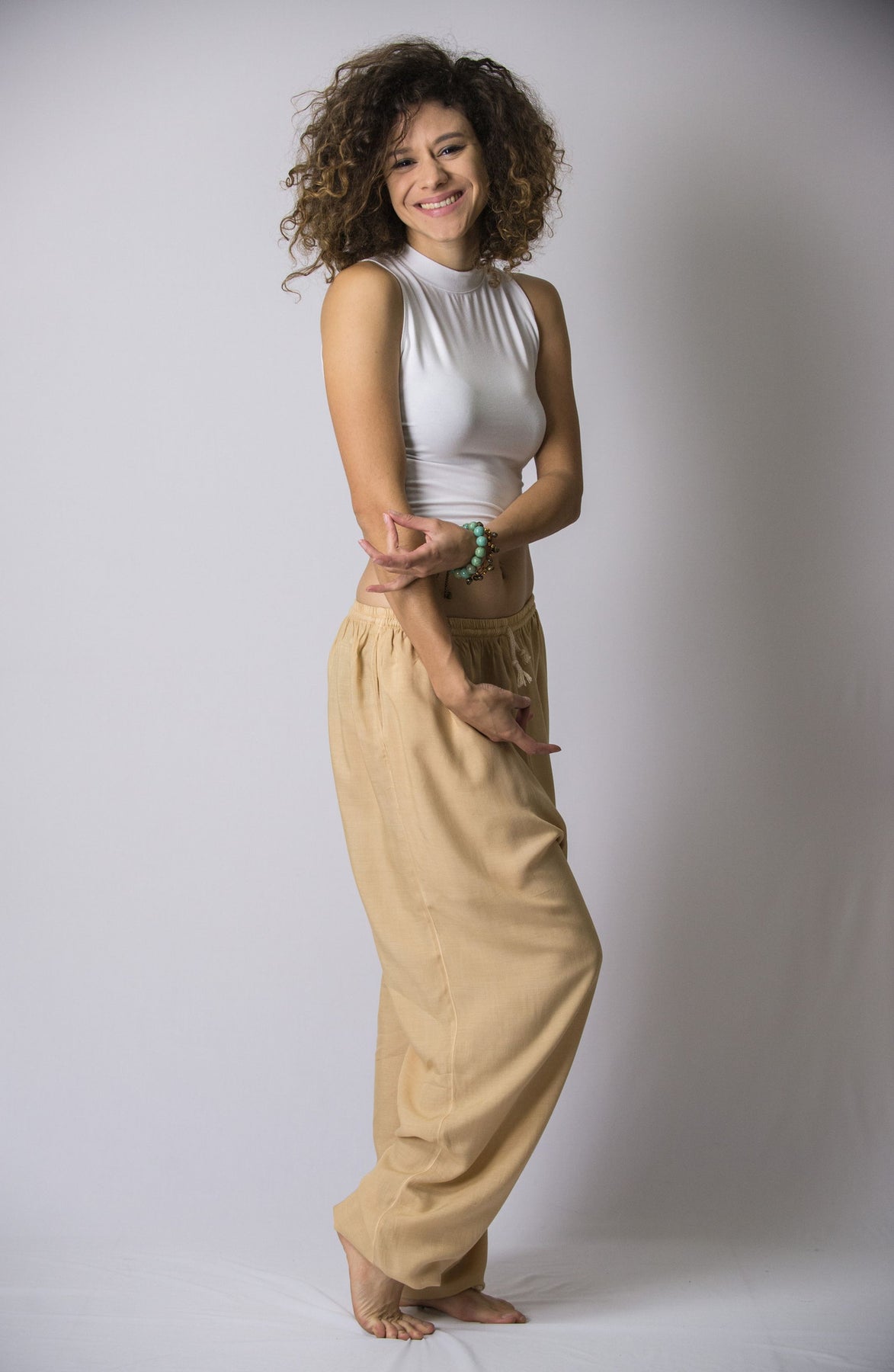Solid Color Drawstring Women's Yoga Massage Pants in Cream – Harem Pants