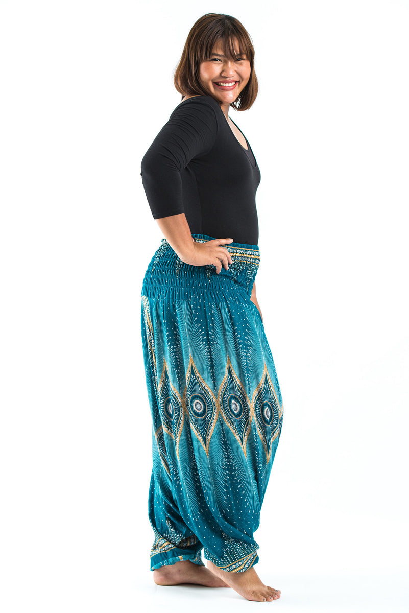 Plus Size Diamond Peacock 2-in-1 Jumpsuit Harem Pants in Turquoise
