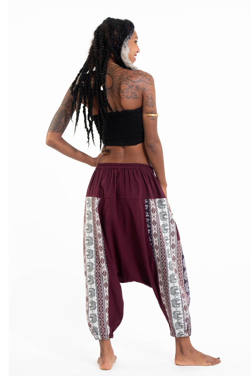 Elephant Aztec Cotton Women's Harem Pants in Burgandy